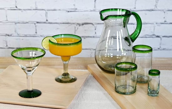 Recycled Mexican Glassware - Green Rim Double Old Fashioned
