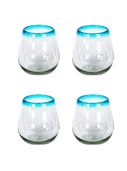 Recycled Mexican Glassware - Aqua Rim Stemless Wine Glass