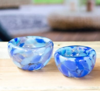 Handblown Patterned Blue Recycled Glass Bowls (Set of 2), "Flavors in Blue"