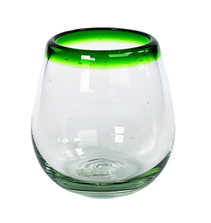 Recycled Mexican Glassware - Green Rim Stemless Wine Glass