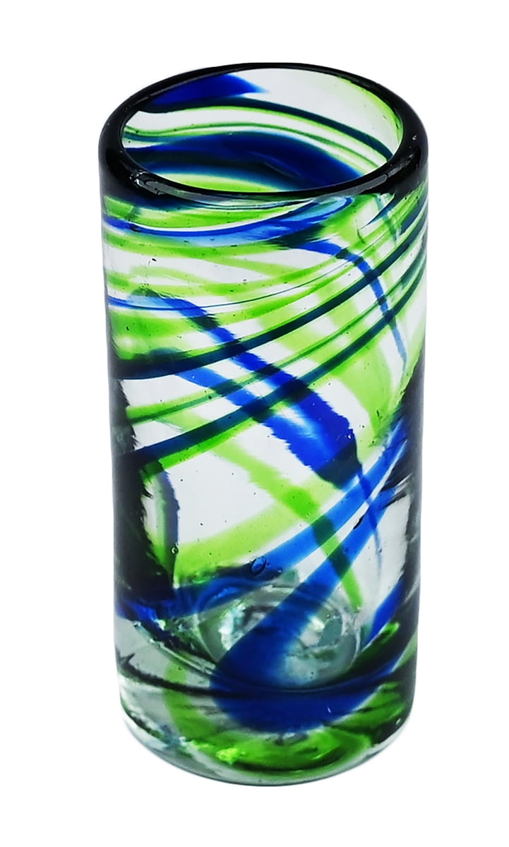 Mexican Glassware - 2 oz Blue Green Swirl Shot Glass - Set of 6
