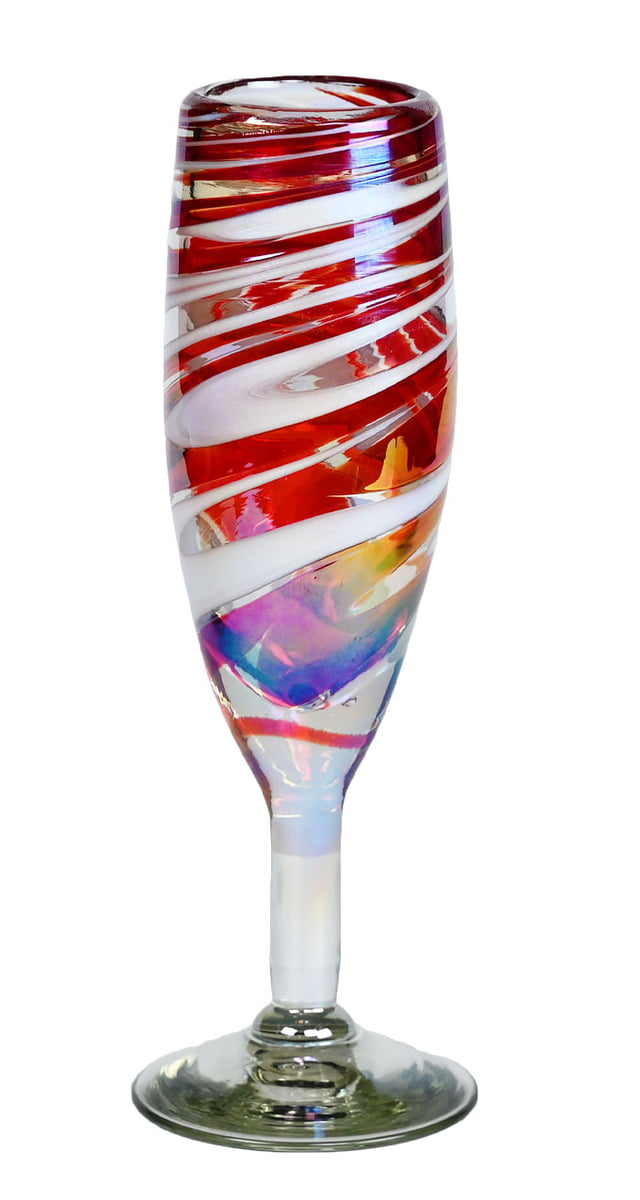 MG105 - 6oz Champagne Flute, Red Swirl, Set of 4 - Hand Blown Recycled ...