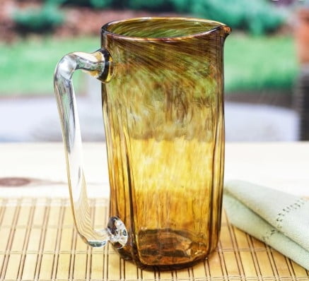 Blown recycled glass pitcher, 'Garden Relaxation in Amber'