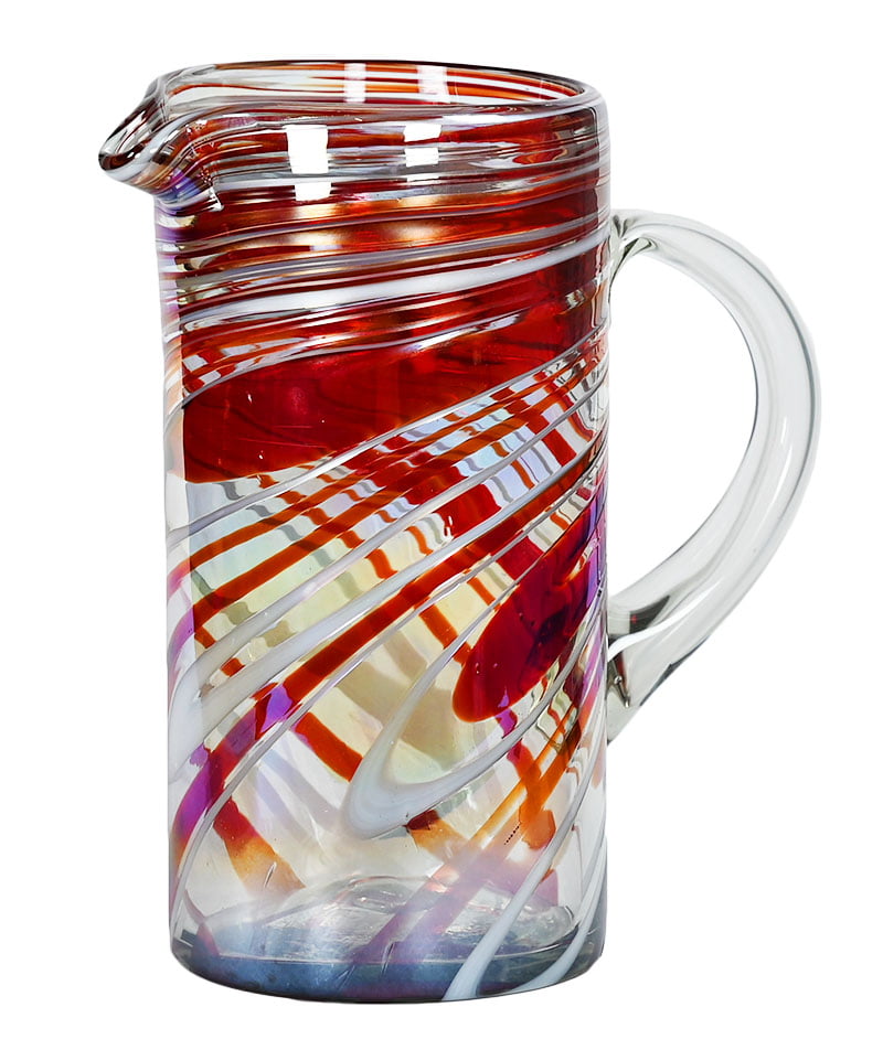 100oz Straight Pitcher, Red Swirl - Recycled Mexican Glassware